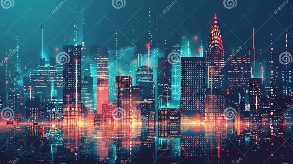 A Futuristic Cityscape with Skyscrapers Morphing into Digital Pixels ...