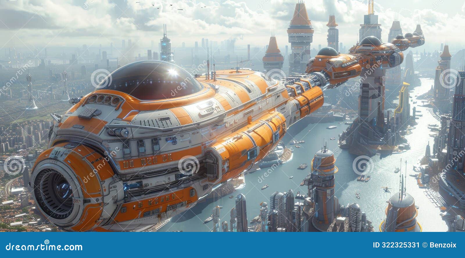 Futuristic Cityscape with Spacecraft, Towering Structures, and ...