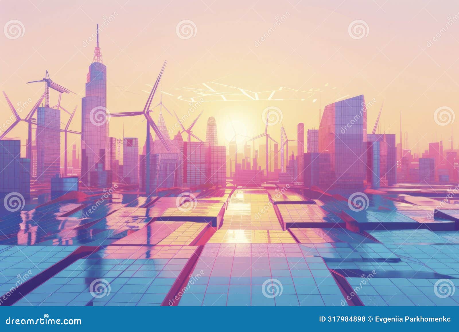 Futuristic Cityscape at Sunrise with Renewable Energy and Skyline ...