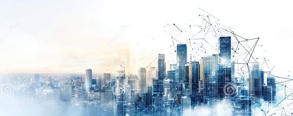 Futuristic Cityscape with Technology Network Connections Overlay Stock ...