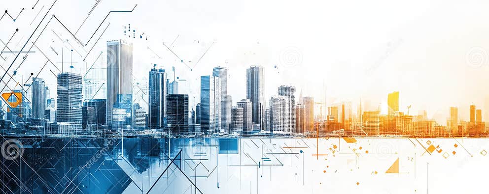 Futuristic Cityscape with Technology Network Connections Overlay Stock ...