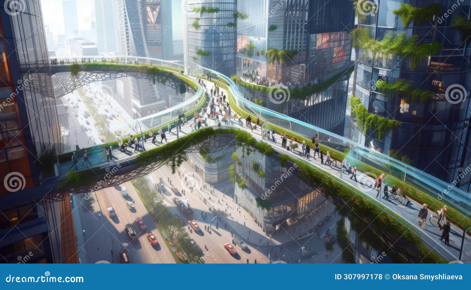 Futuristic Cityscape with Verdant Elevated Walkways and Reflective ...
