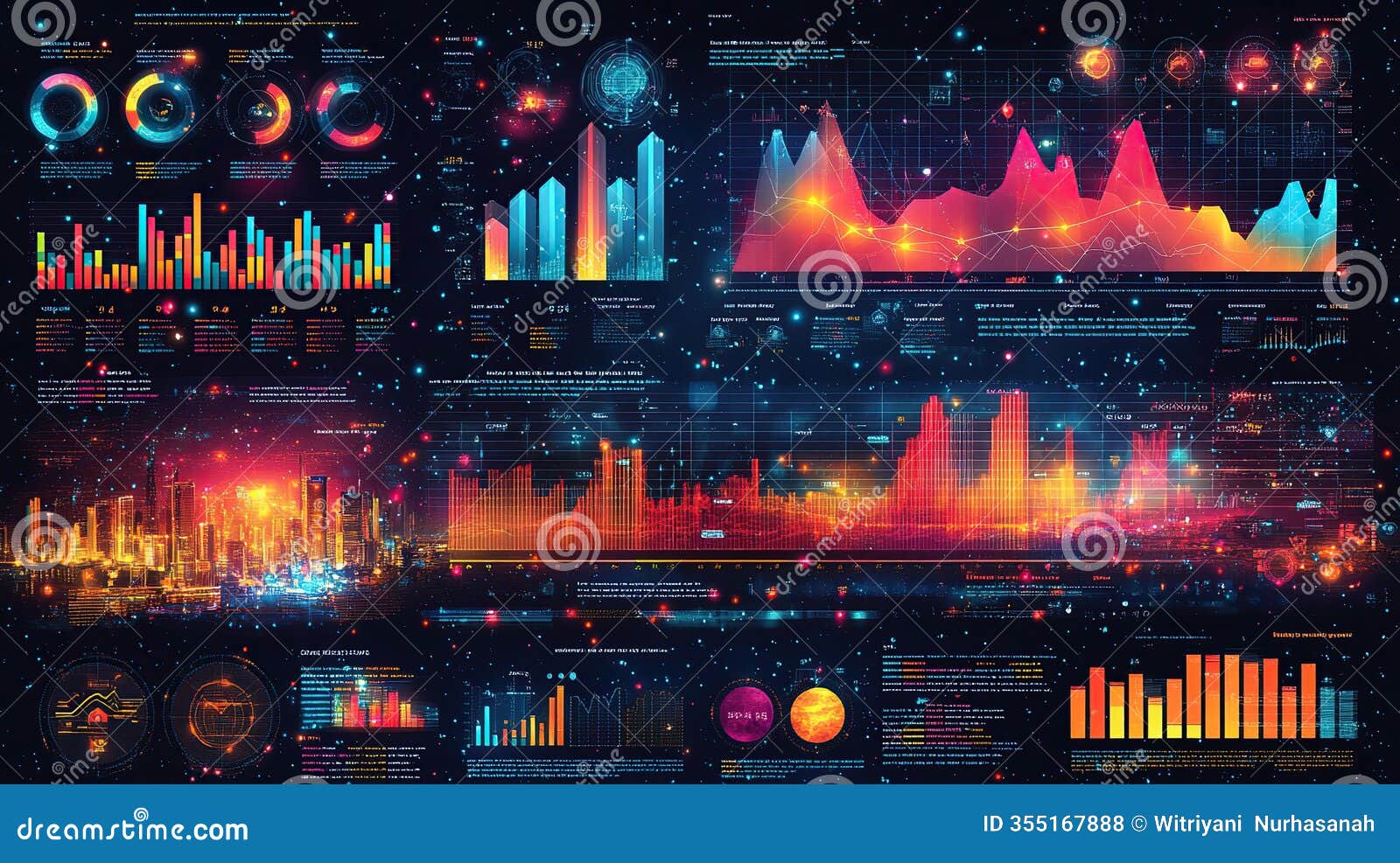 Futuristic Cityscape with Vibrant Data Visualizations, Graphs, and ...