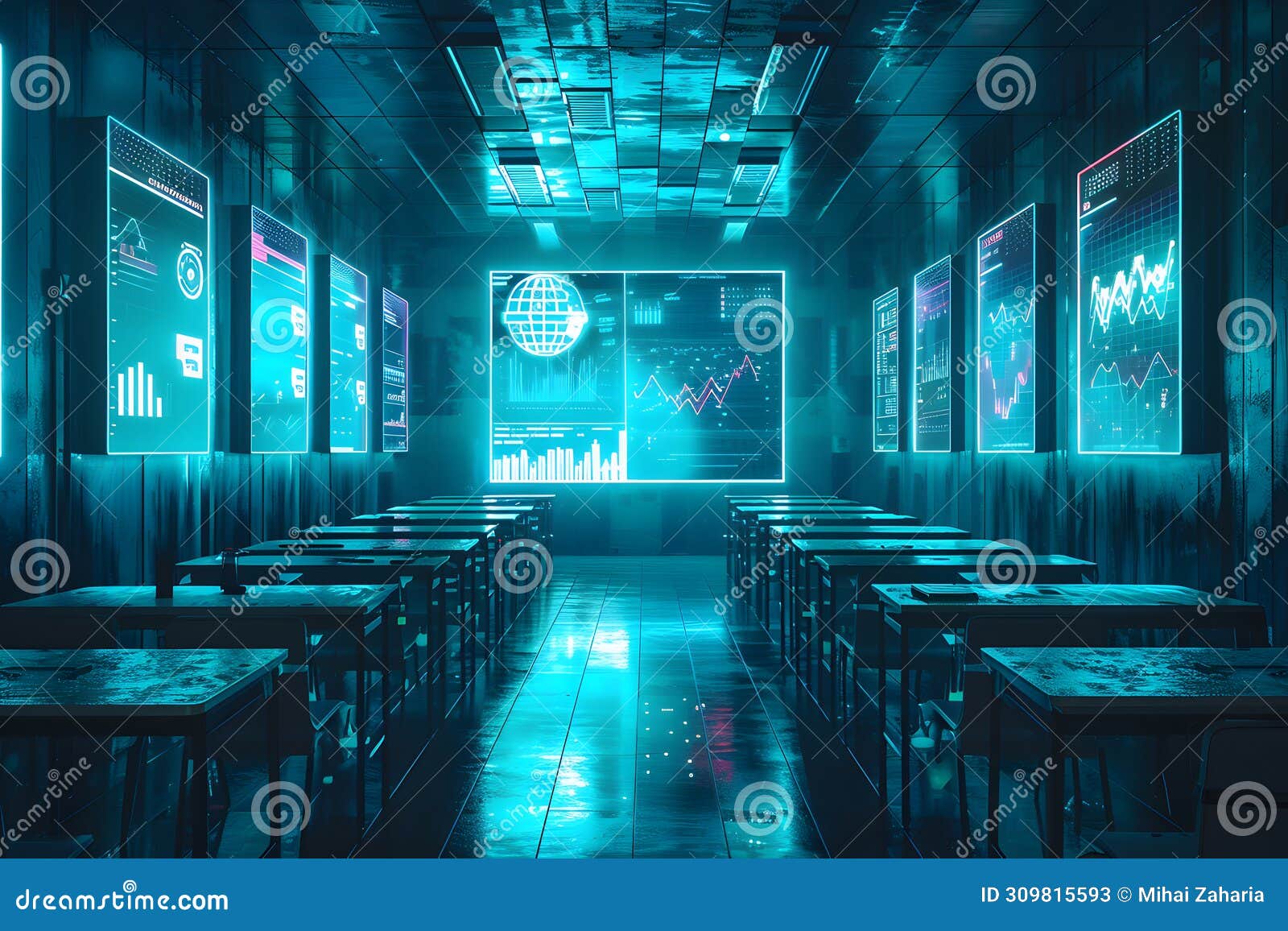 Futuristic Classroom with Interactive Data Screens. Blue Illustration ...