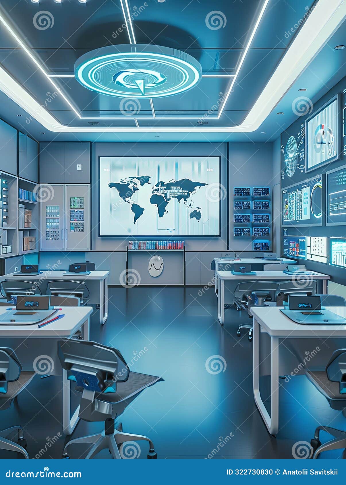 A Futuristic Classroom with Modern Desks and Interactive Panels ...
