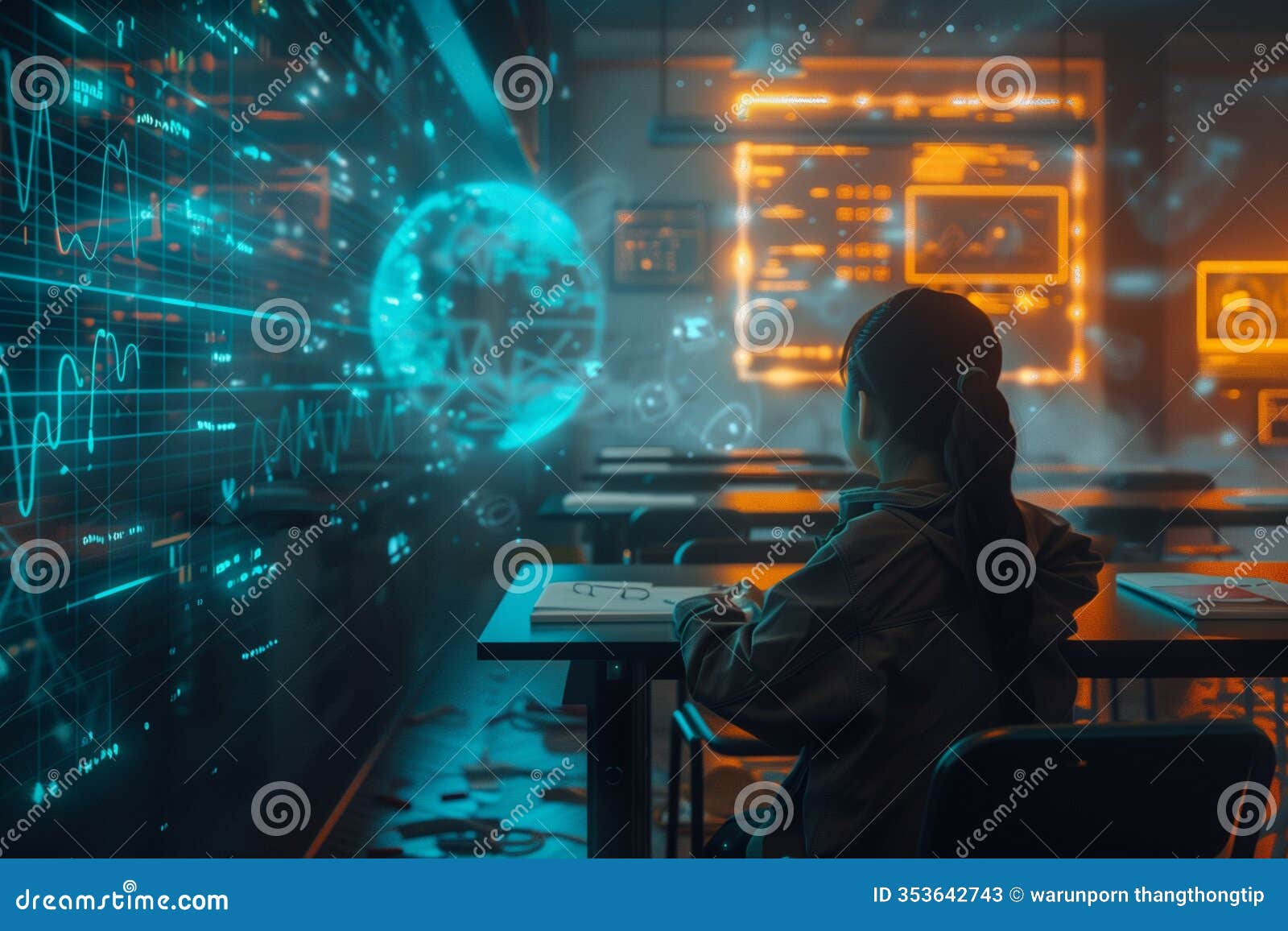 Futuristic Classroom with Student Learning Digital Data Global AI ...