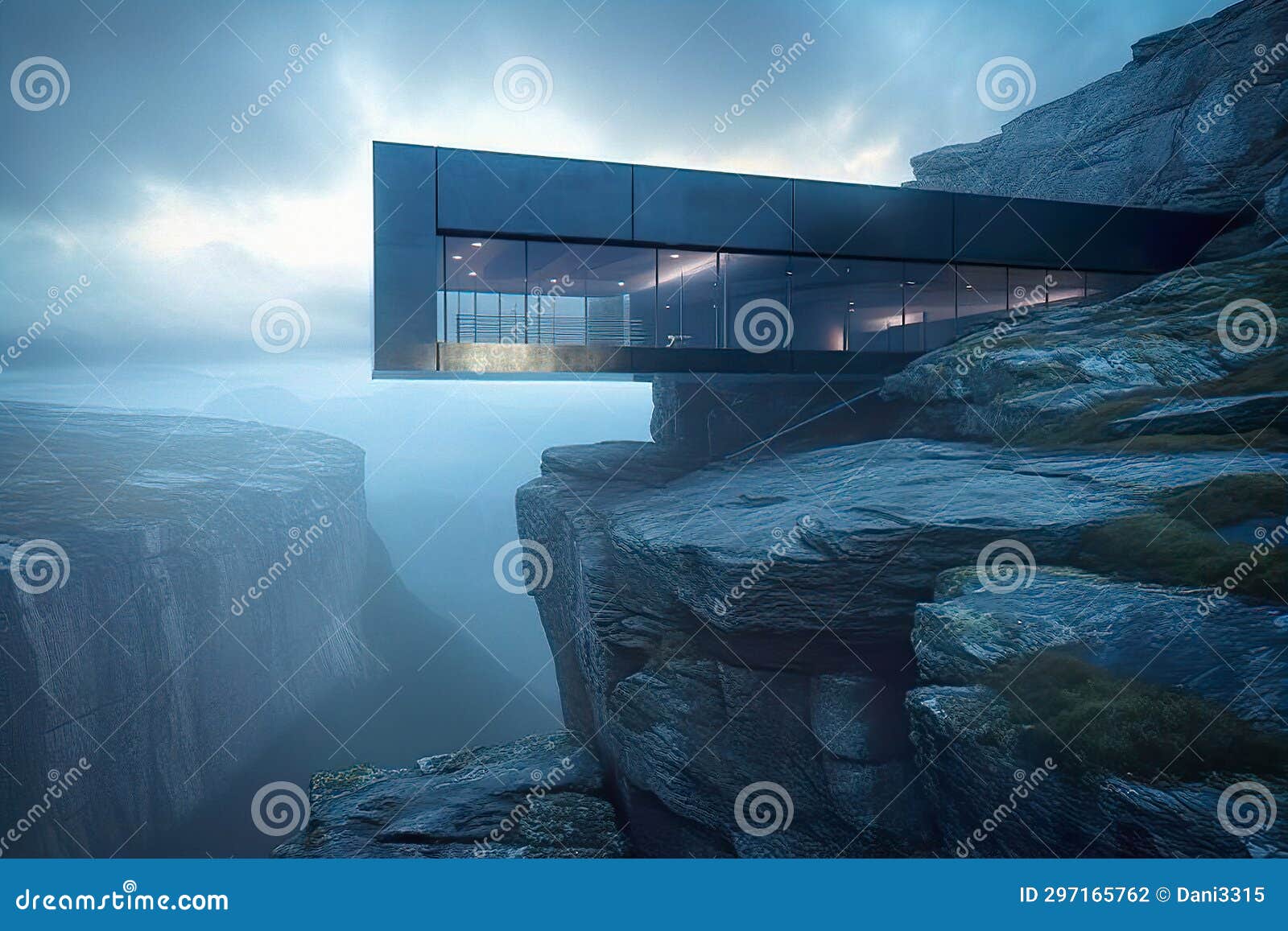 Futuristic Cliffside Architecture Overlooking Misty Abyss Stock ...