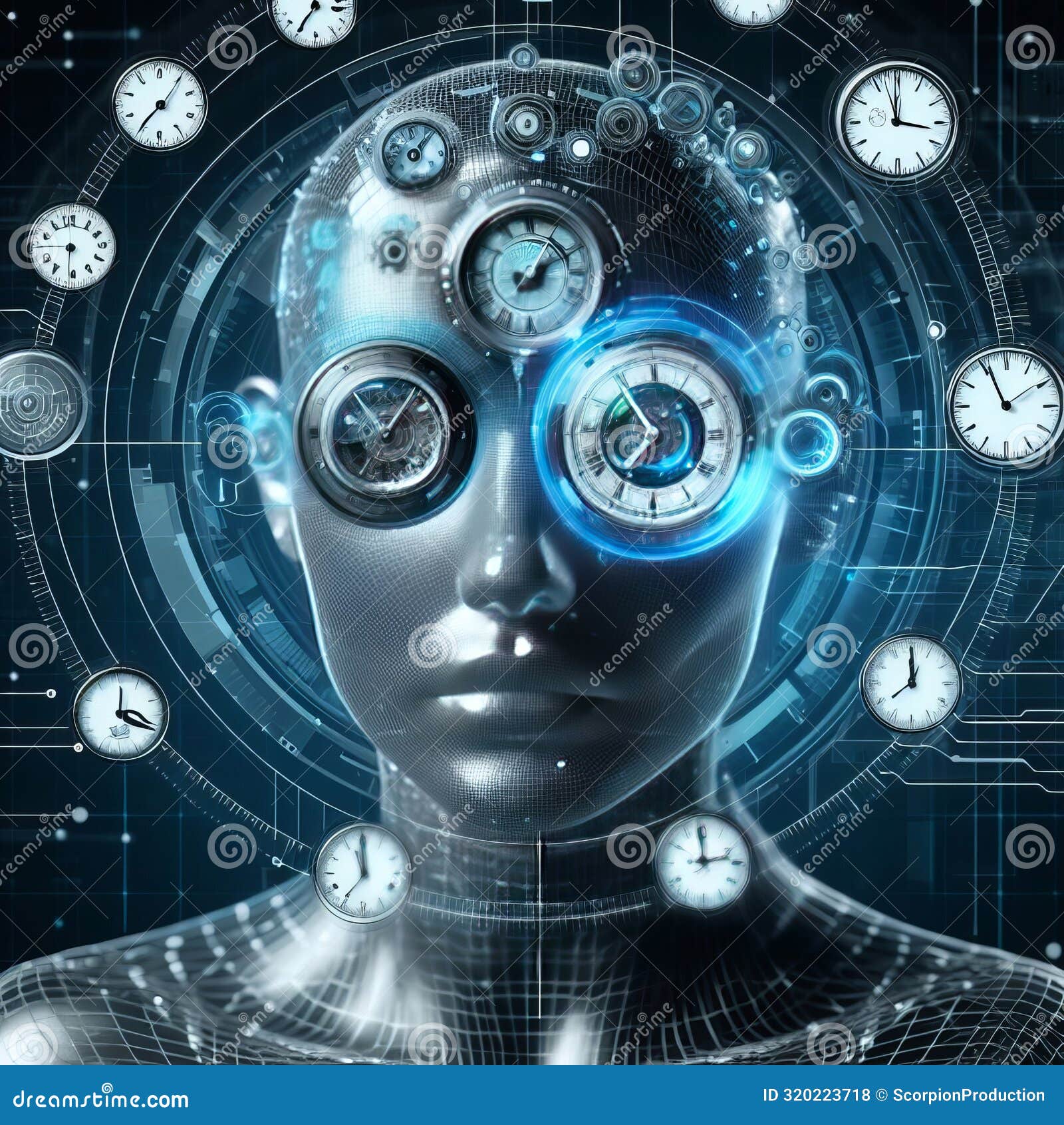 Futuristic Clock Mechanism with Human Face Stock Photo - Image of ...