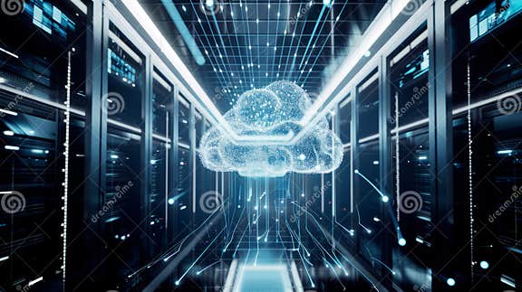 Futuristic Cloud As a Central Hub in Data Center. High-Tech Visualization of Cloud Computing and ...