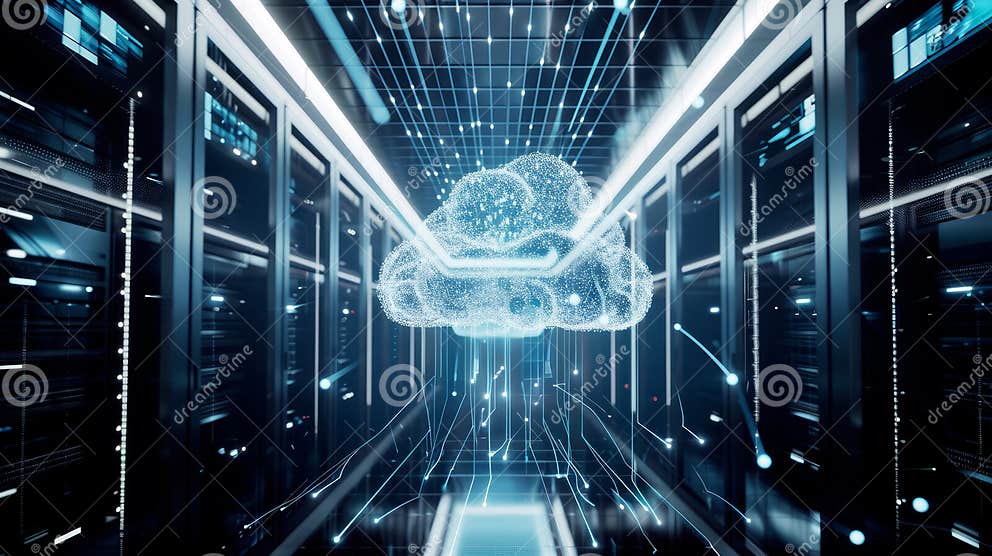 Futuristic Cloud As a Central Hub in Data Center. High-Tech Visualization of Cloud Computing and ...