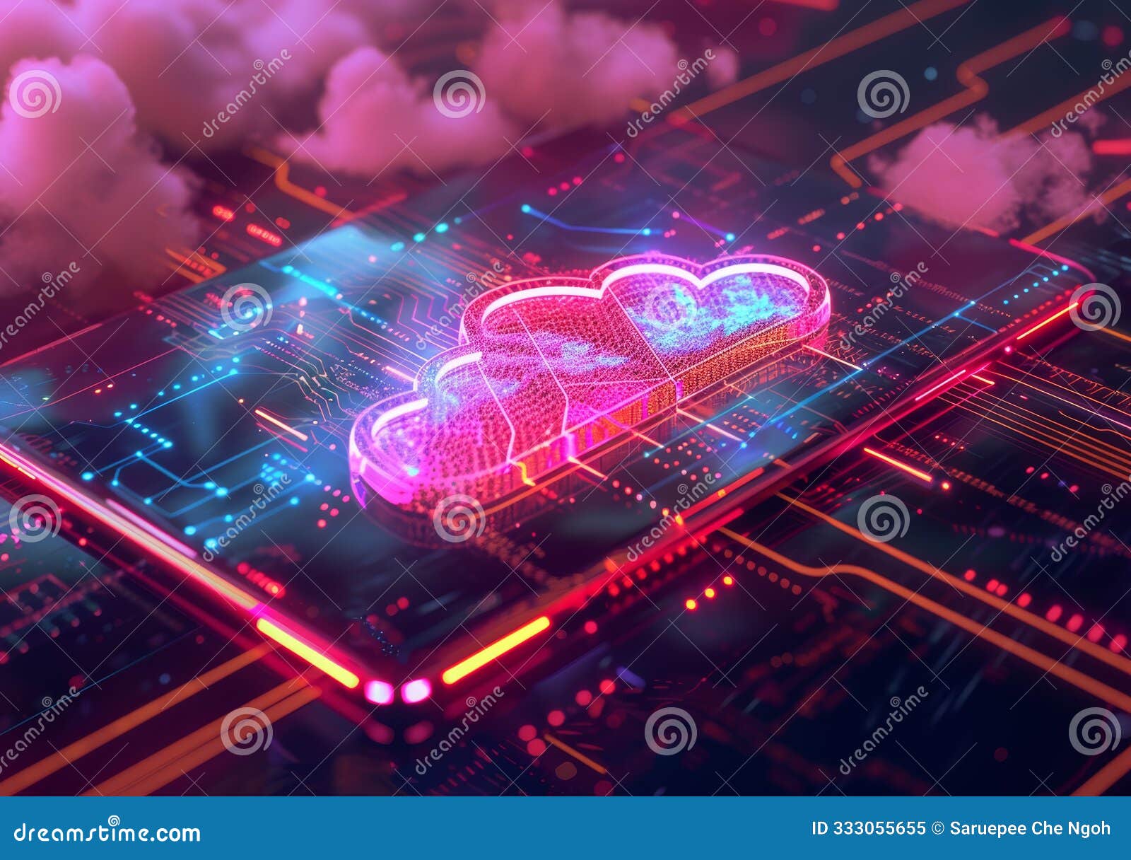 Futuristic Cloud Computing Concept with Neon Lights and Digital ...
