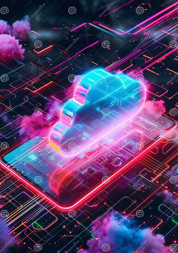 Futuristic Cloud Computing Concept with Neon Lights and Digital ...