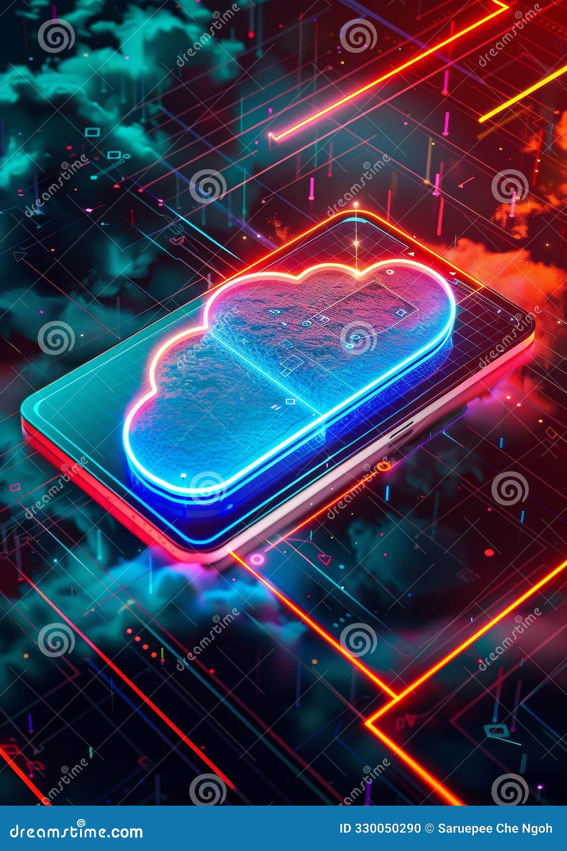 Futuristic Cloud Computing Concept with Neon Lights on Digital Grid Background Modern Technology ...