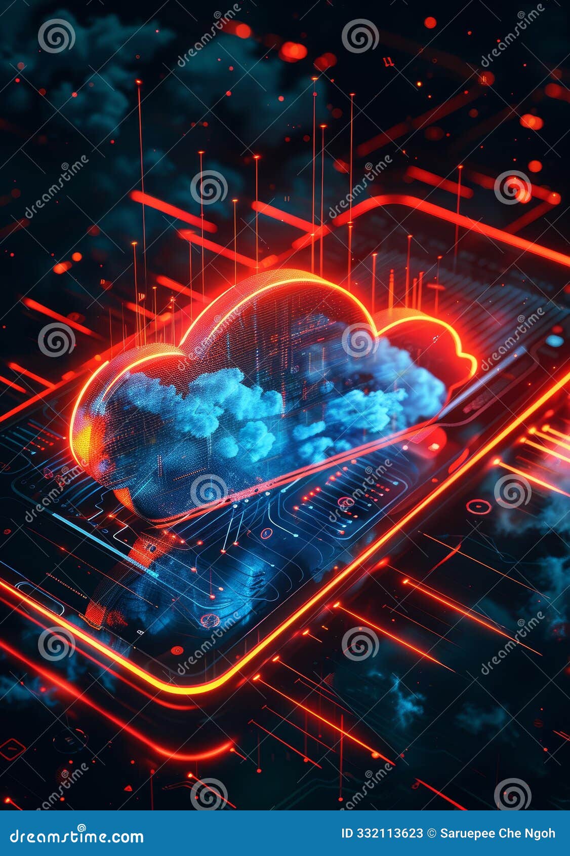 Futuristic Cloud Computing Concept with Neon Lights and Digital Interface Modern Technology and ...