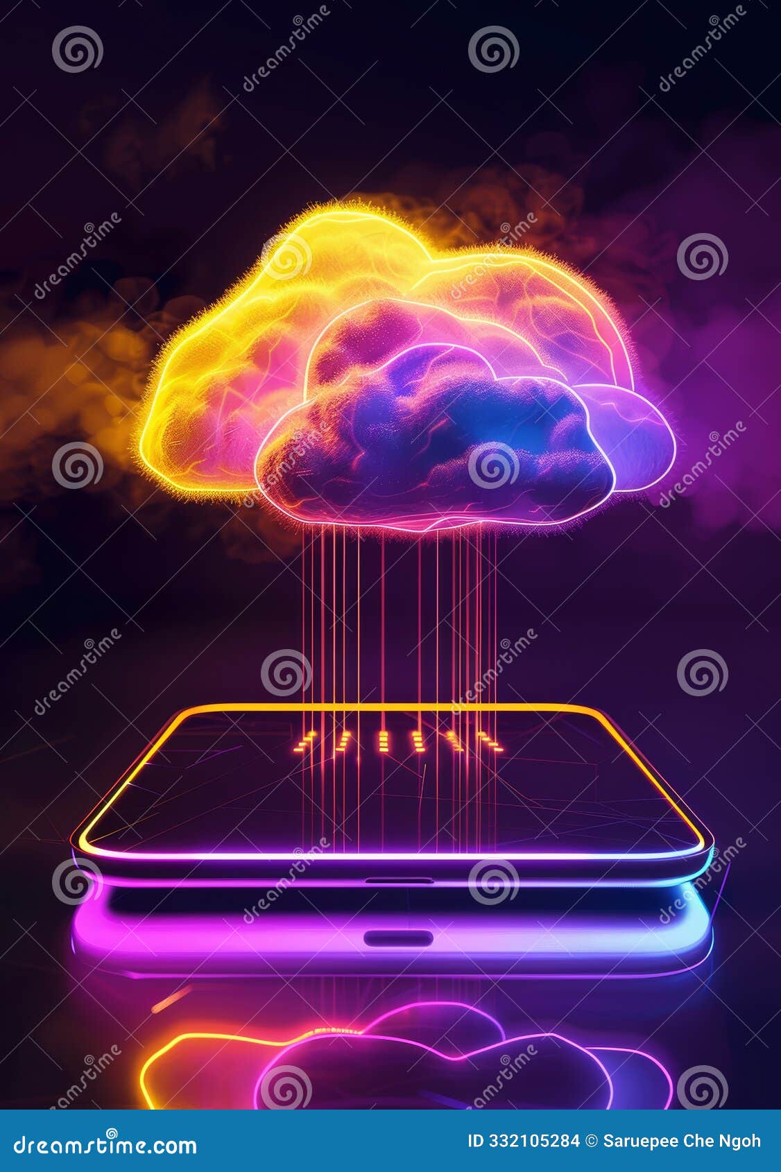 Futuristic Cloud Computing Concept with Neon Lights and Digital Tablet ...