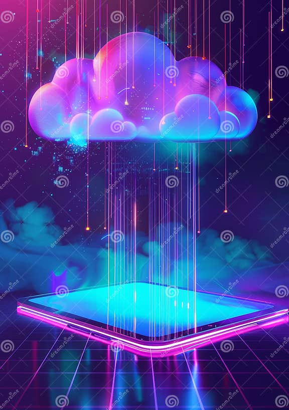 Futuristic Cloud Computing Concept with Neon Lights and Digital Tablet ...
