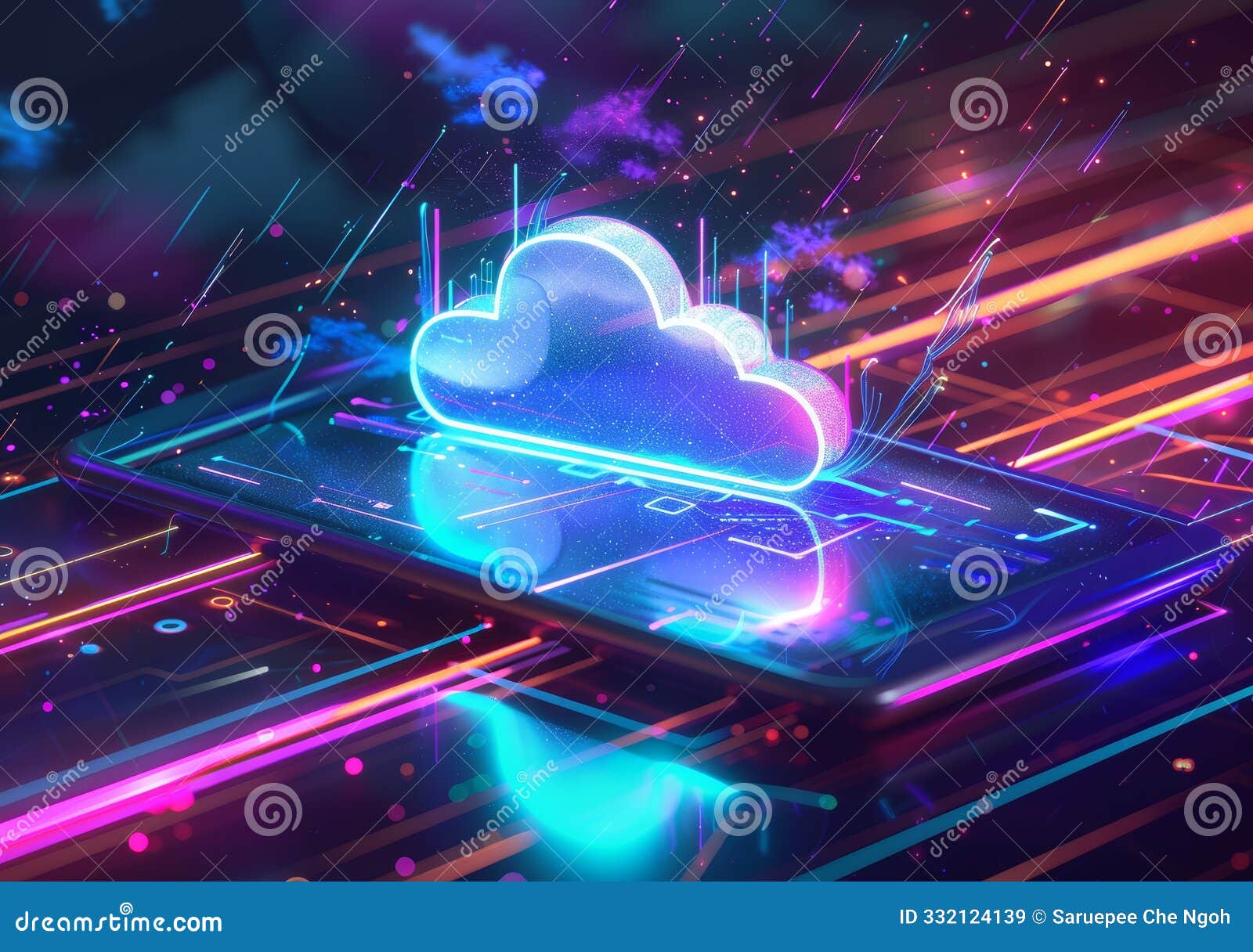 Futuristic Cloud Computing Concept with Neon Lights and Digital Technology Elements Stock ...