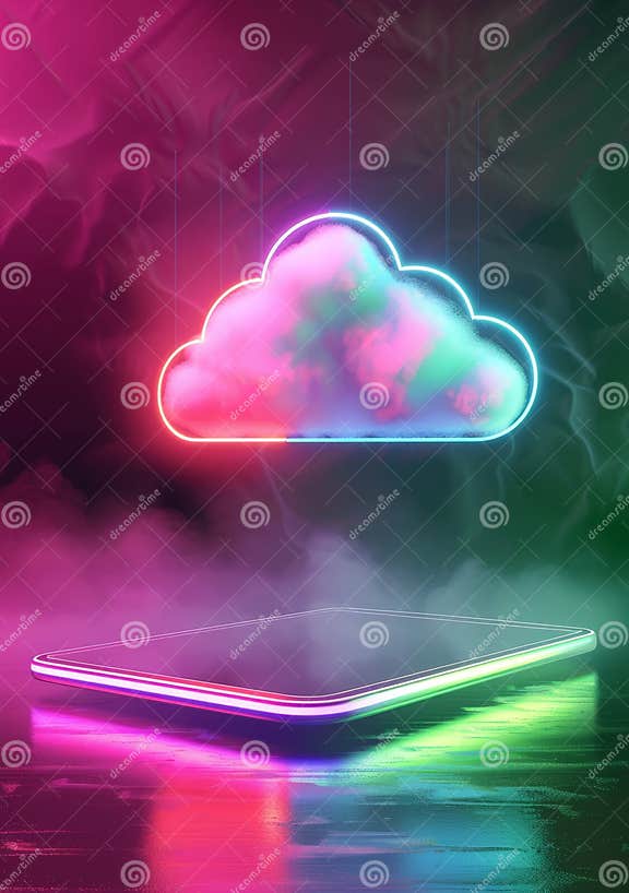 Futuristic Cloud Computing Concept with Neon Lights and Floating Tablet ...