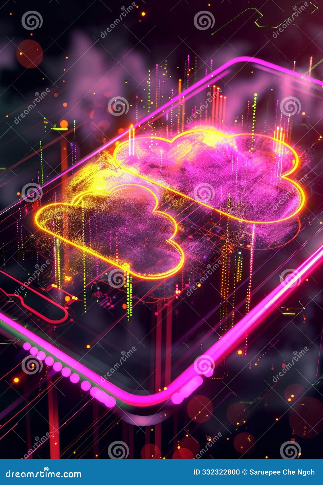 Futuristic Cloud Computing Concept with Neon Lights on Smartphone ...