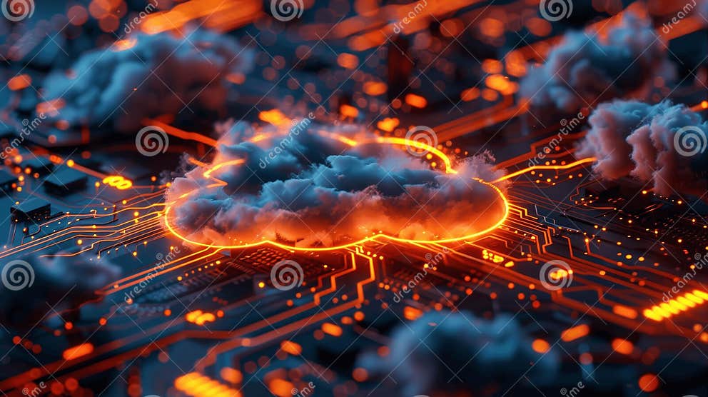 Futuristic Cloud Computing with Glowing Orange Circuitry and Data ...