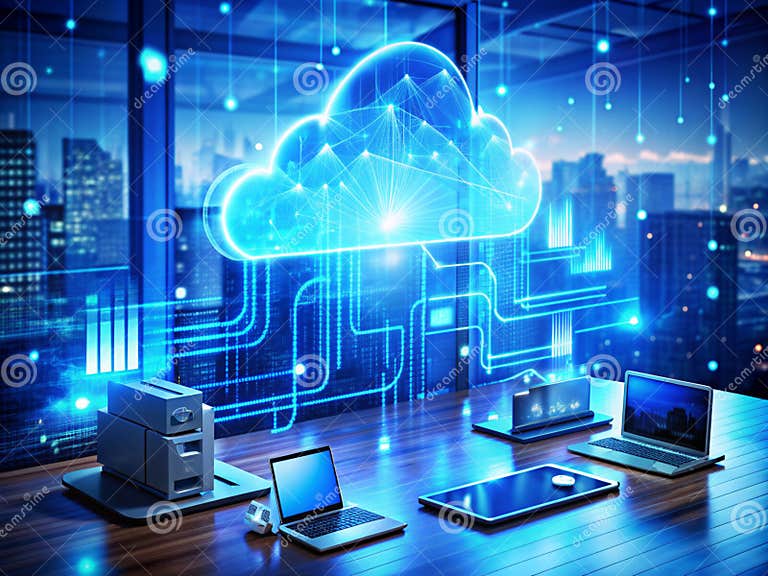 Futuristic Cloud Computing at Office, & Data Analytics on Global Business Stock Illustration ...