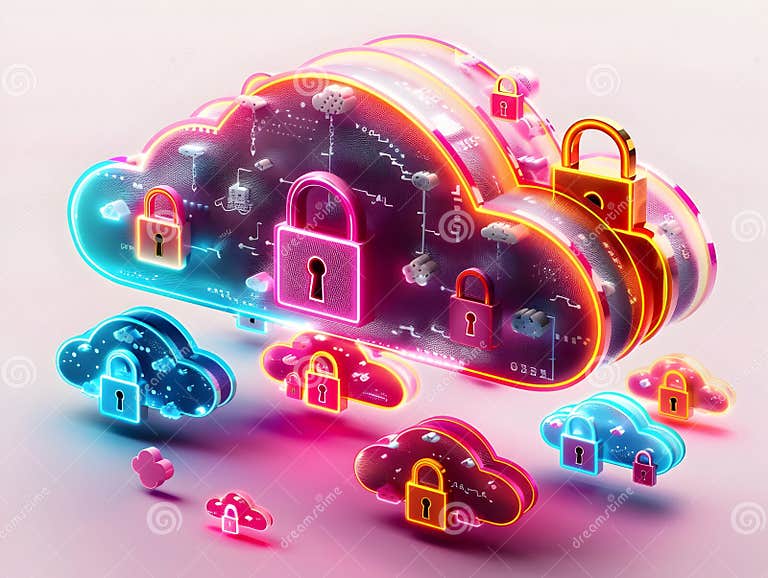 Futuristic Cloud Computing Security Concept with Sleek Digital Locks in Vibrant Colors ...