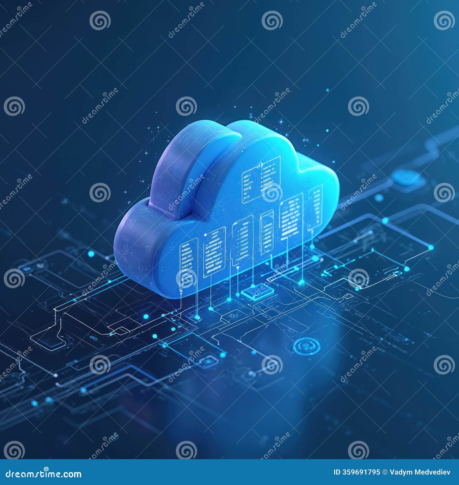 Futuristic Cloud Computing Tech Concept. 3D Illustration Shows Glowing Blue Cloud Graphic on ...