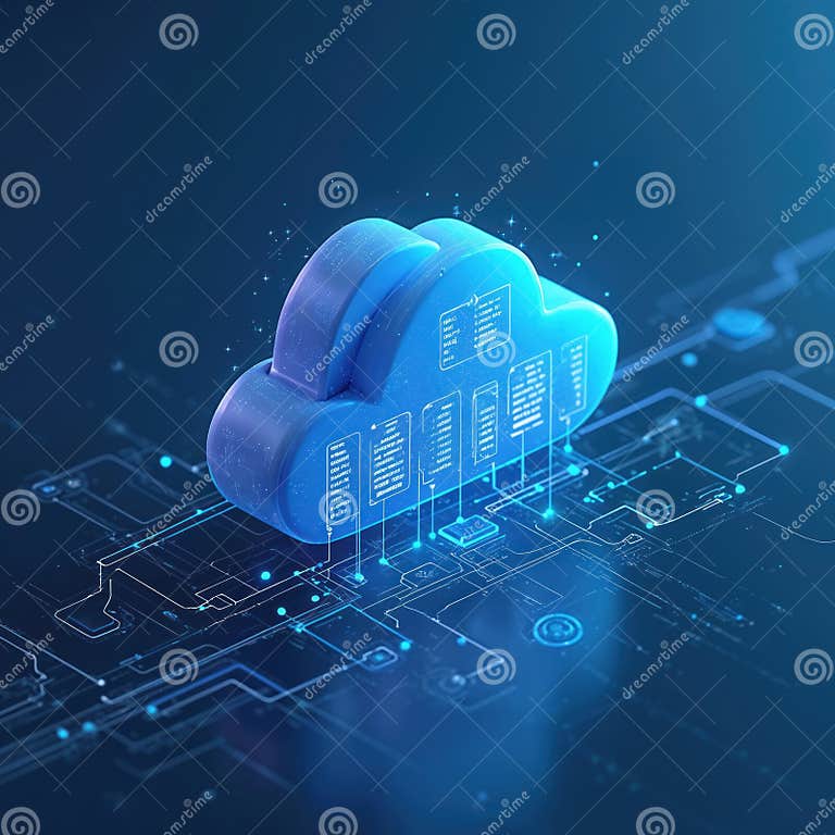 Futuristic Cloud Computing Tech Concept. 3D Illustration Shows Glowing Blue Cloud Graphic on ...
