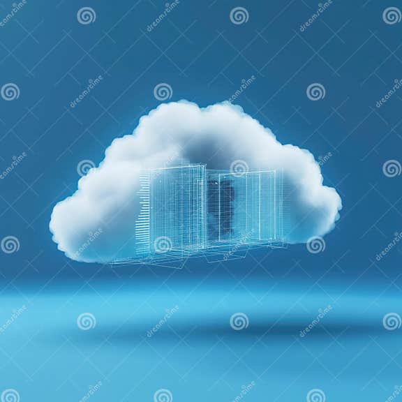 Futuristic Cloud Computing Tech Concept. Virtual Data Center Inside White Fluffy Cloud. Abstract ...