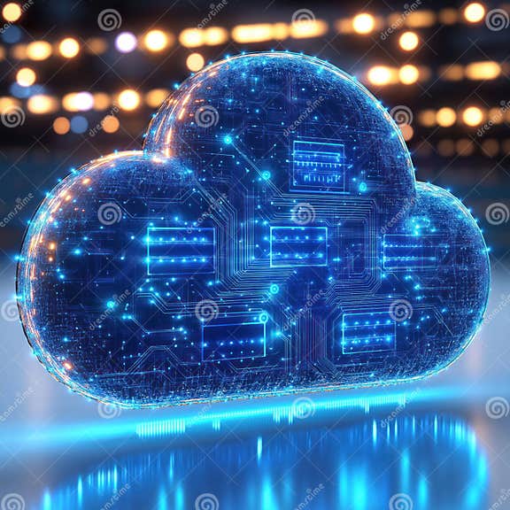 Futuristic Cloud Symbol with Glowing Circuits Shows Tech Data Storage. Cloud Digital, Glowing in ...
