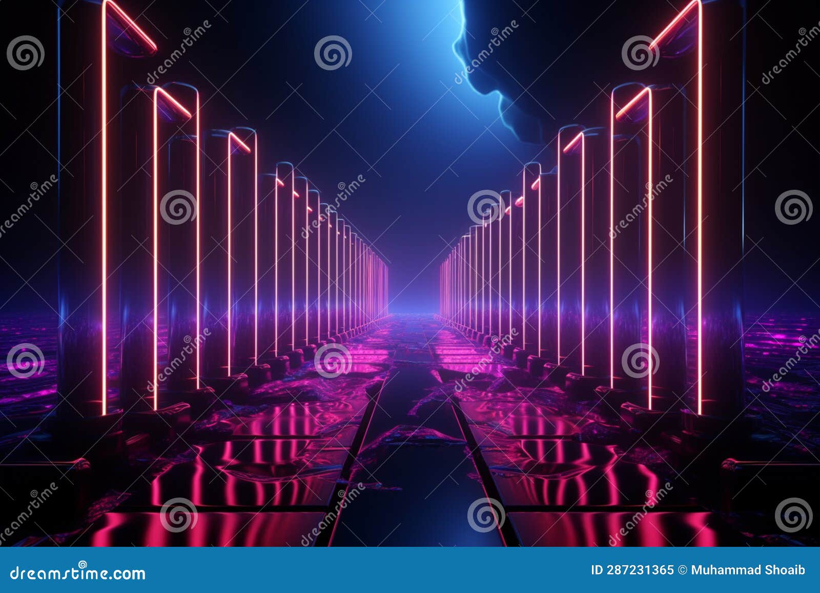 Futuristic Columns and Neon Lights Frame a 3D Geometric Backdrop ...