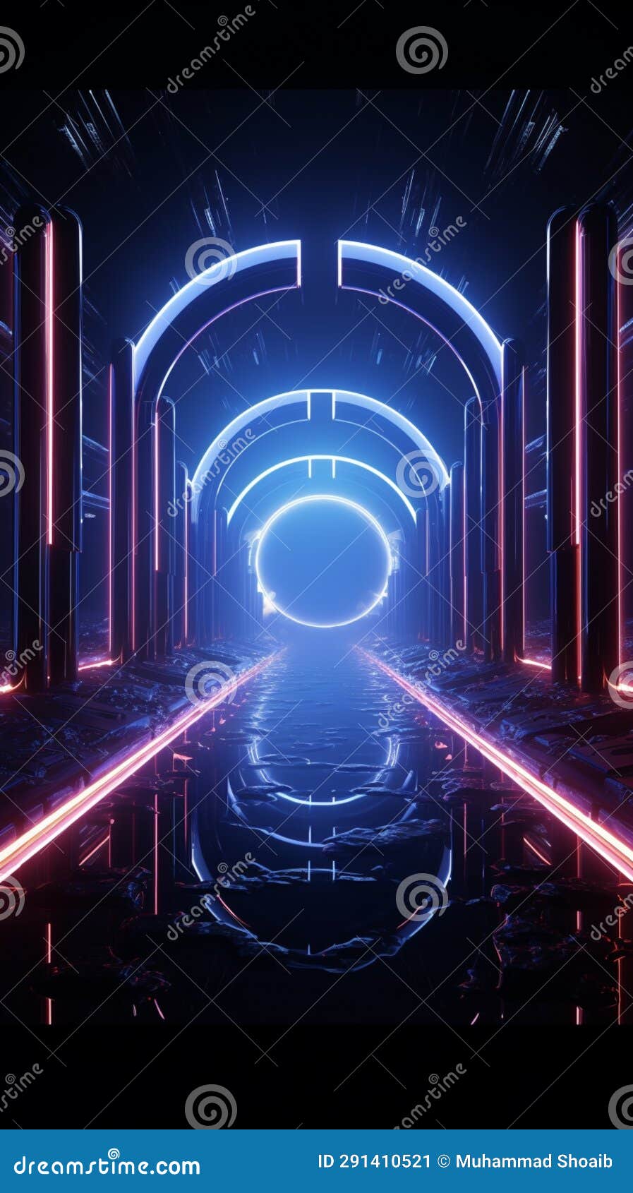 Futuristic Columns and Neon Lights Frame a 3D Geometric Backdrop ...