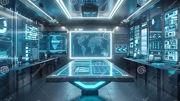 Futuristic Command Center with Interactive Touch-Screen Tables and ...