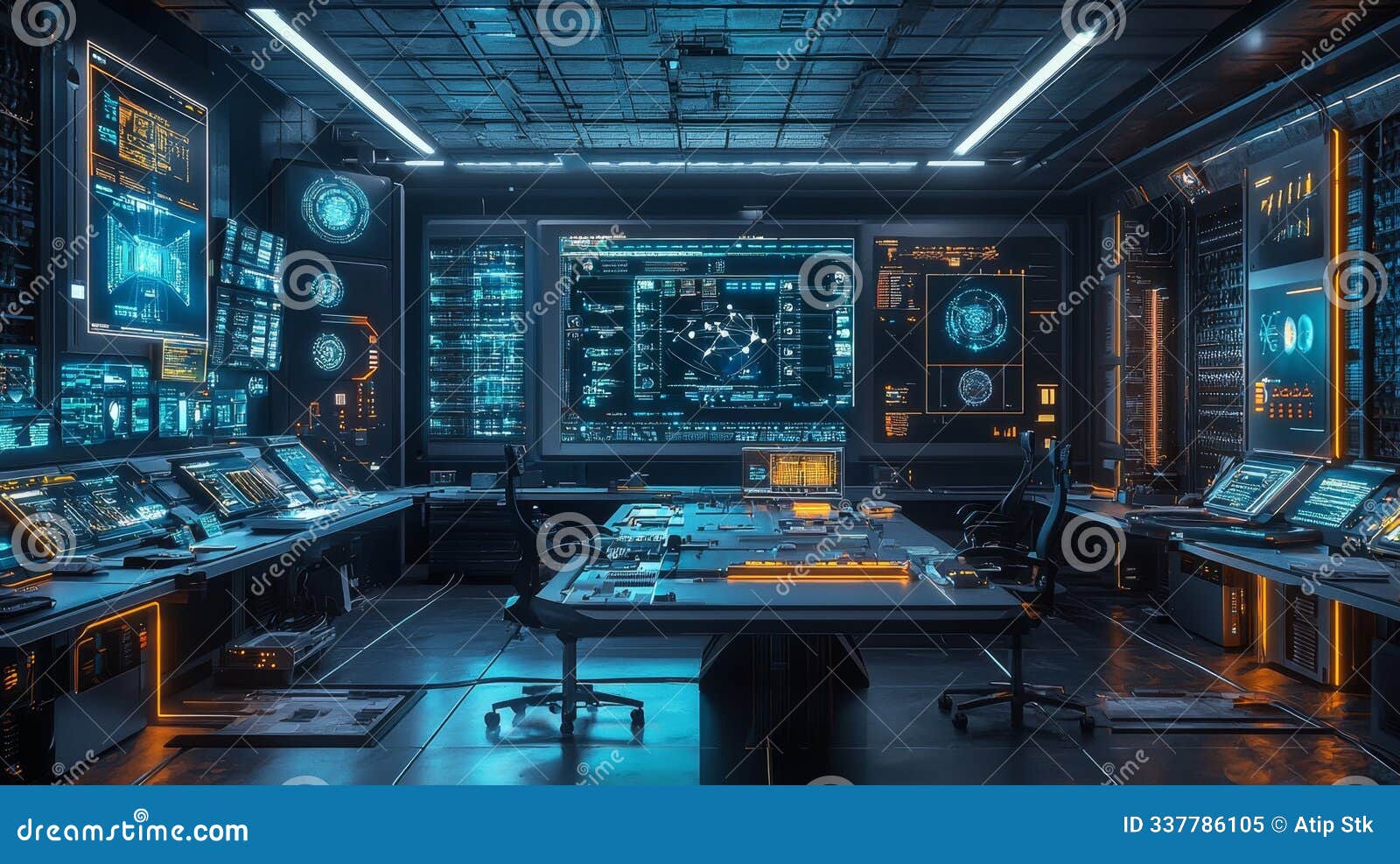 Futuristic Command Center Interior with Monitors and Data Display Stock ...