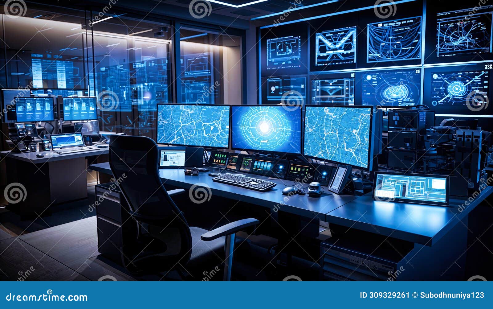 Futuristic Command Center with Multiple Monitors Displaying Complex Data and Maps Stock ...