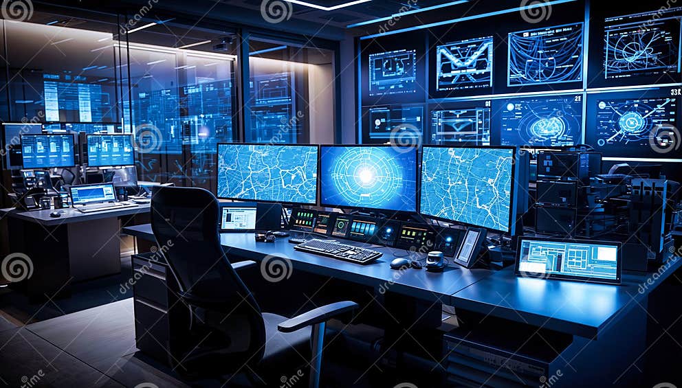 Futuristic Command Center with Multiple Monitors Displaying Complex ...