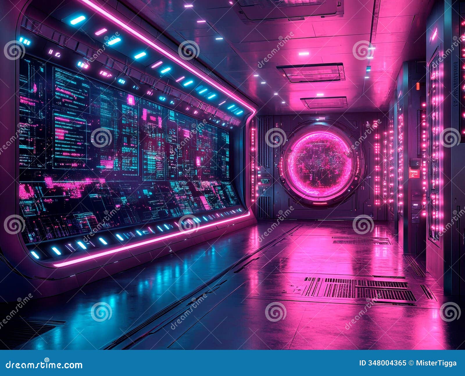 A Futuristic Command Center with Neon Pink Lighting and a Glowing ...