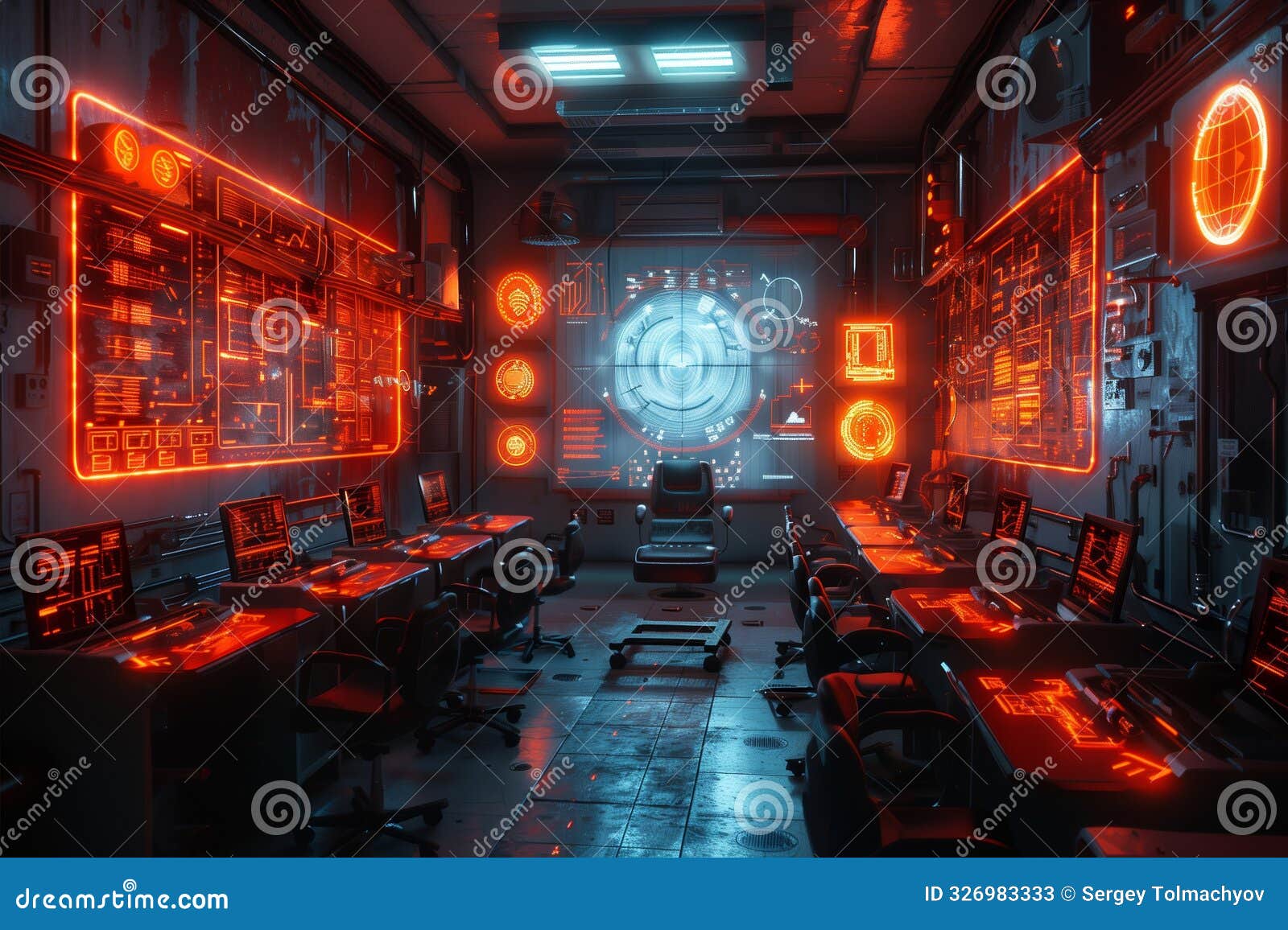 Futuristic Command Center with Red Neon Lights and Multiple Computer ...