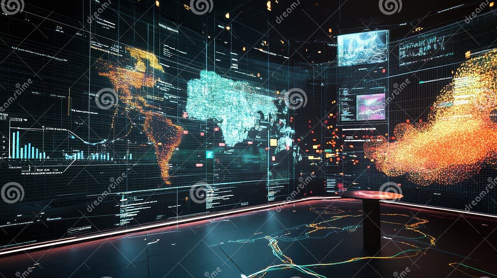 Futuristic Command Center Showing World Map and Data Visualization Stock Image - Image of ...