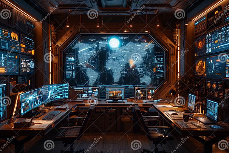Futuristic Command Center with World Map Display and Multiple Monitors ...