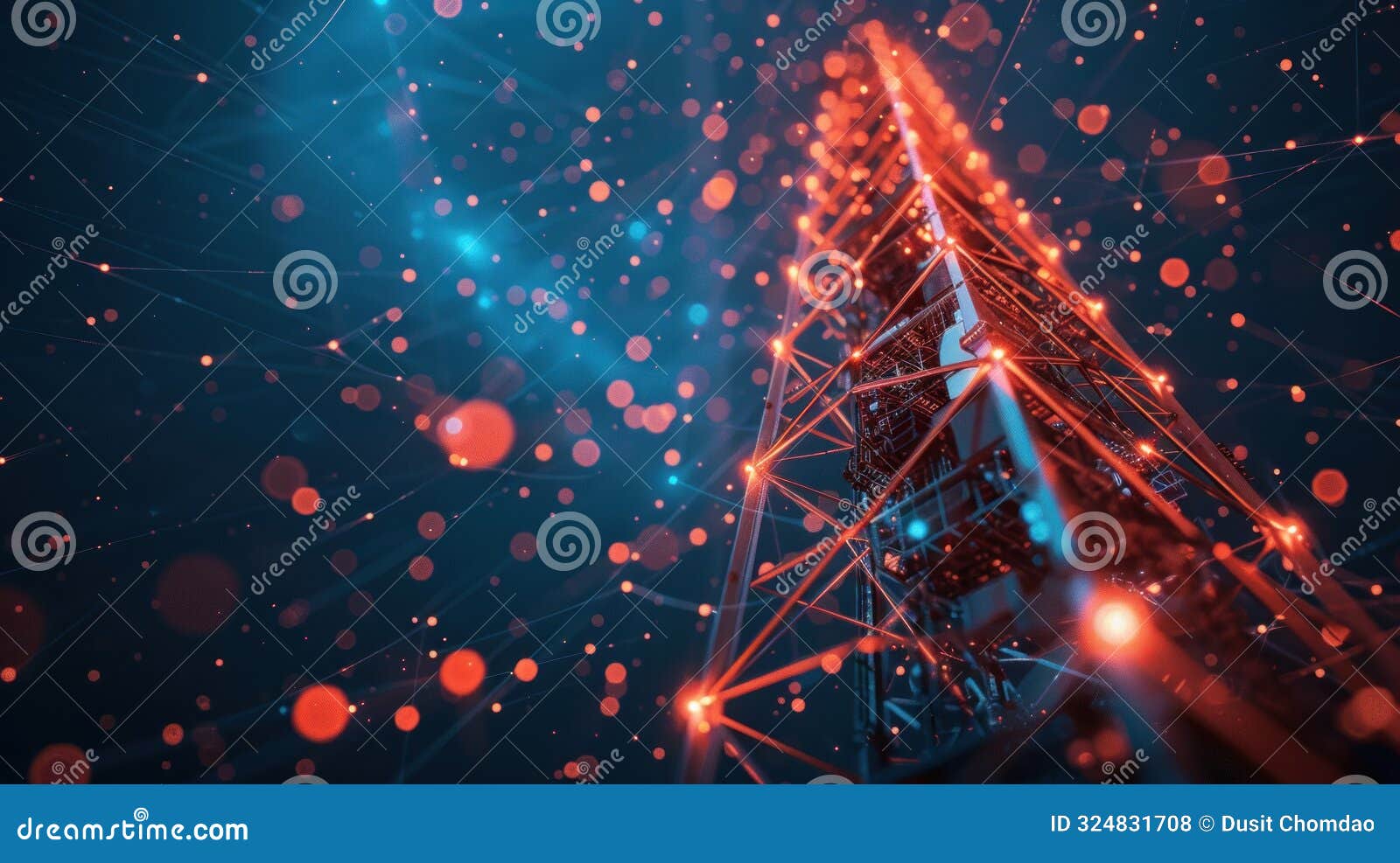 A Futuristic Communication Tower with Glowing Connections, Depicting ...