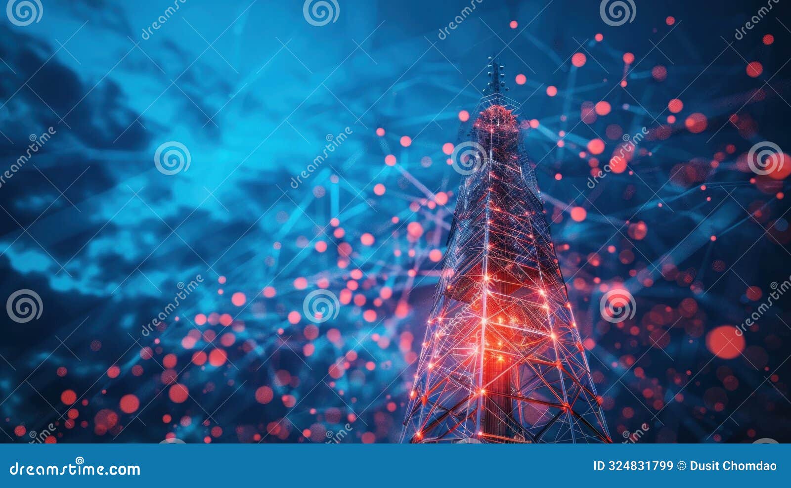 A Futuristic Communication Tower with Glowing Connections, Depicting ...