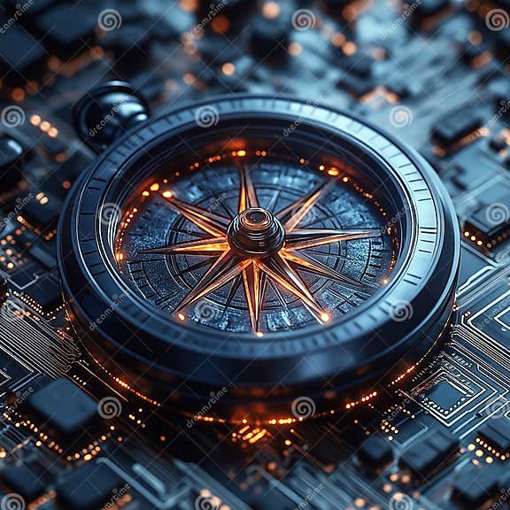Futuristic Compass on Tech Circuit Board. Advanced Navigation Device ...