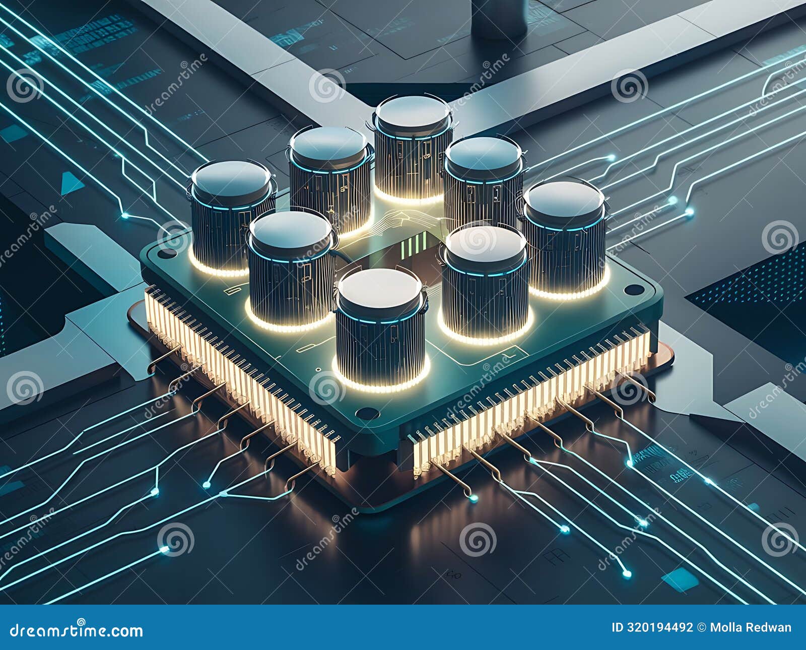 Futuristic Computer Chip with Glowing Circuit Lines and Cylindrical ...