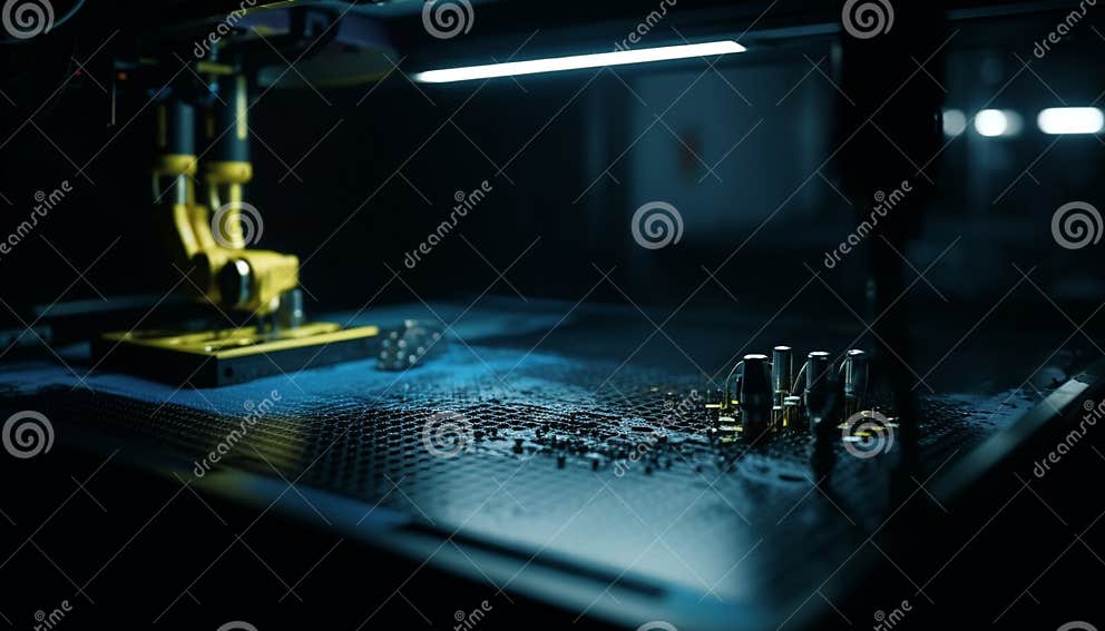 Futuristic Computer Chip Manufacturing, Robotic Arm, Complex Machinery ...