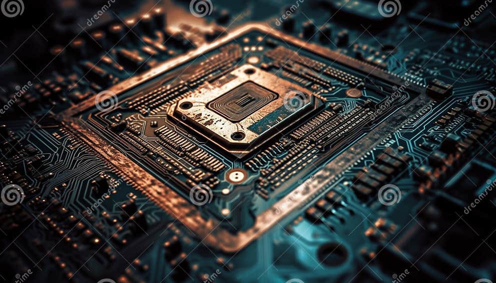 Futuristic Computer Chip Pattern with Selective Focus and Complex ...