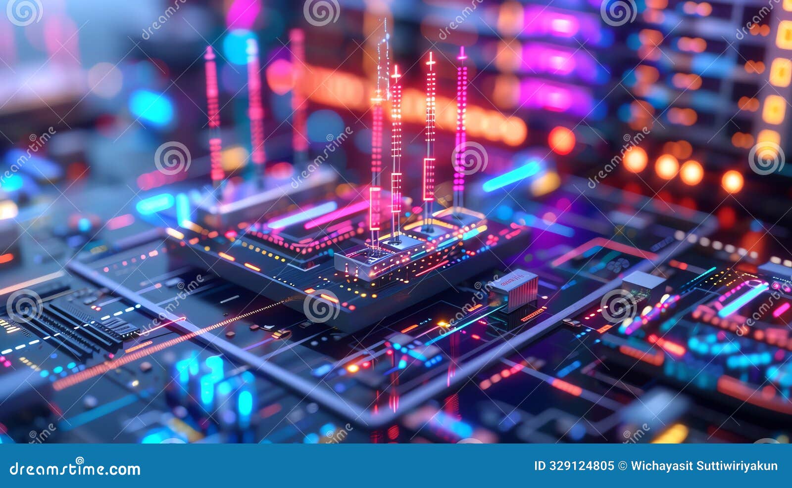 Futuristic Computer Chip on a Vibrant Circuit Board with Neon Lights ...