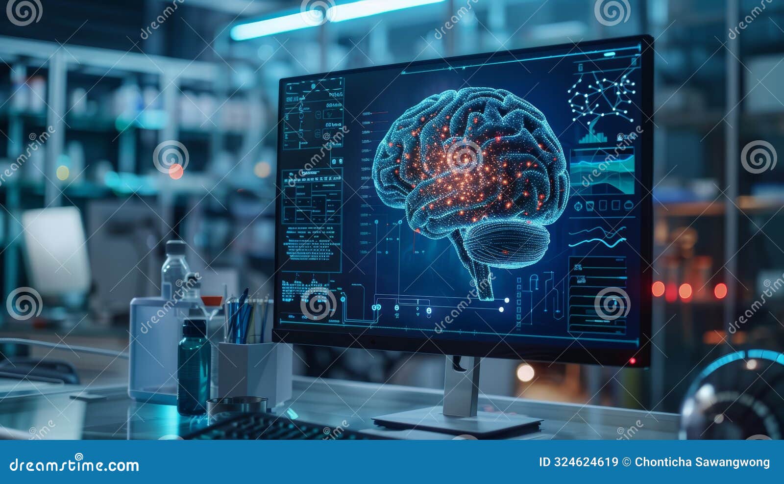 Futuristic Computer Display in Lab Showing a 3D Brain Scan, Highlighting Neural Network. High ...