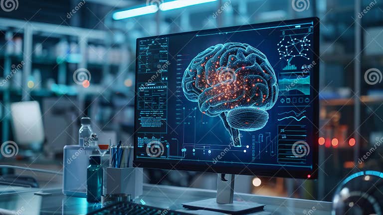 Futuristic Computer Display in Lab Showing a 3D Brain Scan ...