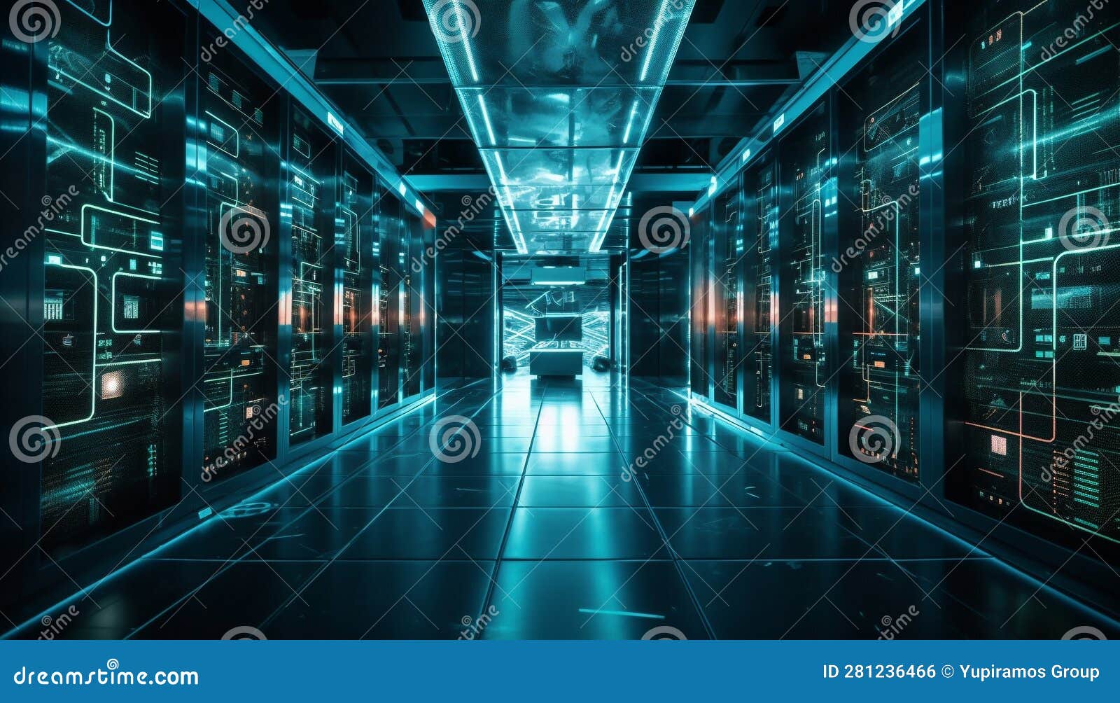 Futuristic Computer Equipment in a Row, Connected To Mainframe Server ...